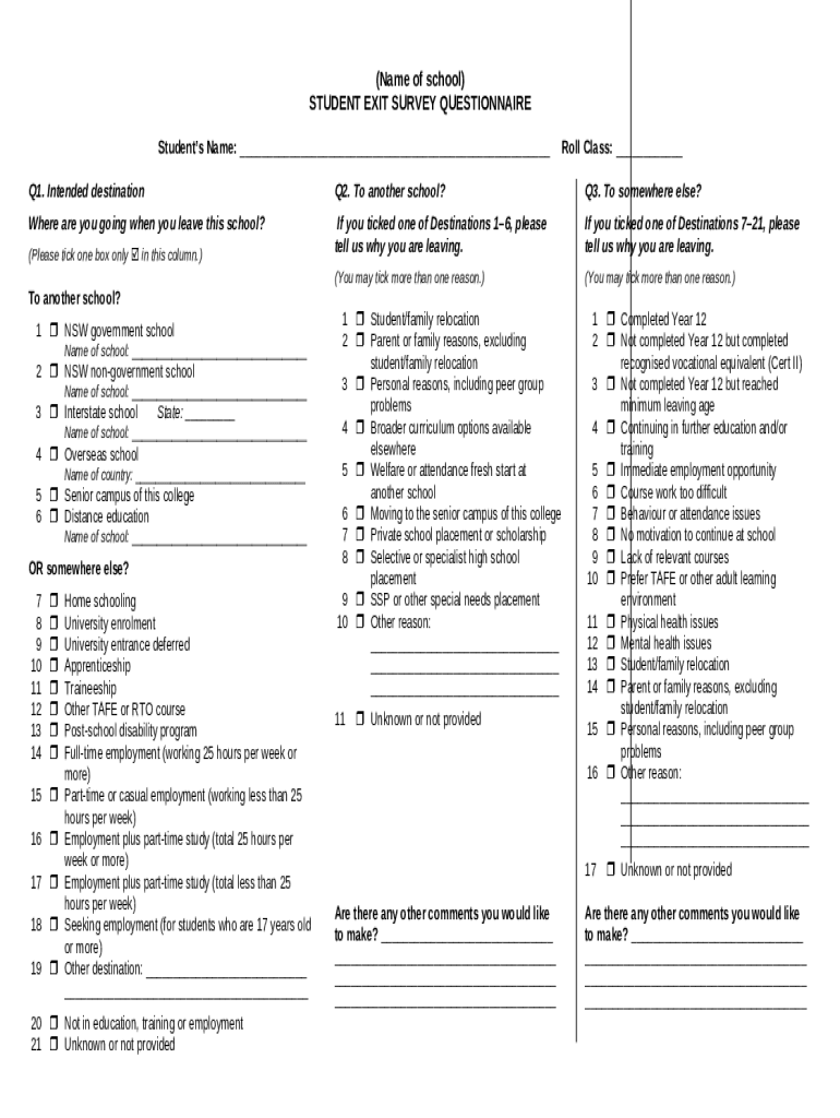 Exit survey questionnaire Doc Template | pdfFiller