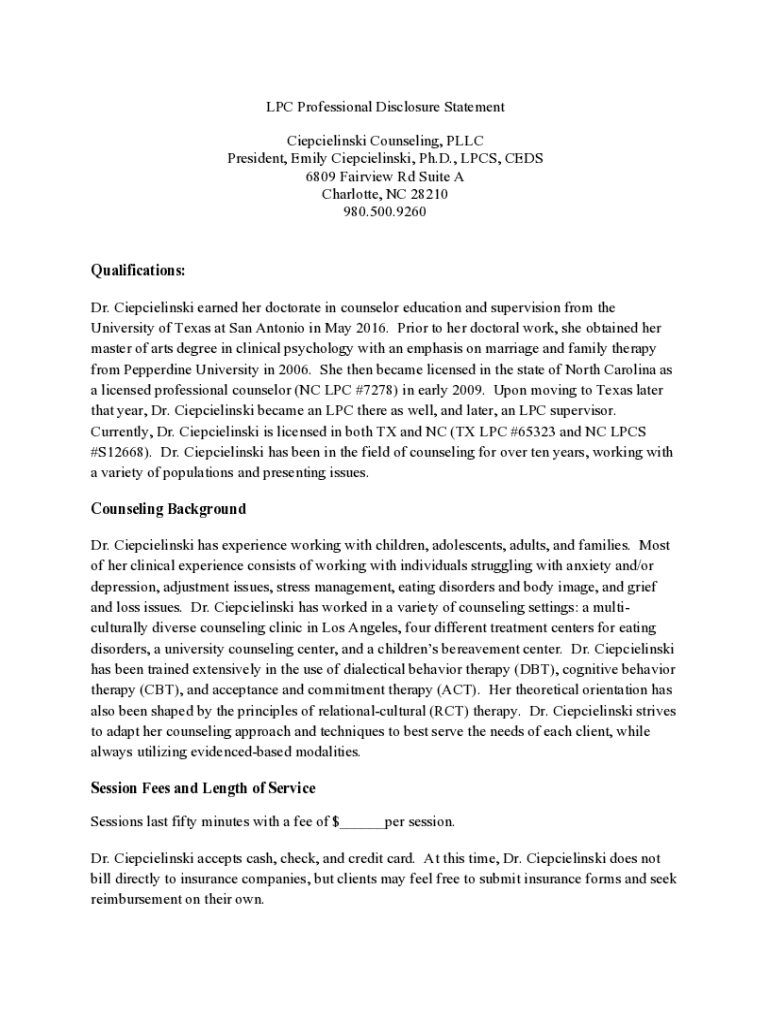 Fillable Online LPC Professional Disclosure Statement NCBLPC.docx Fax ...