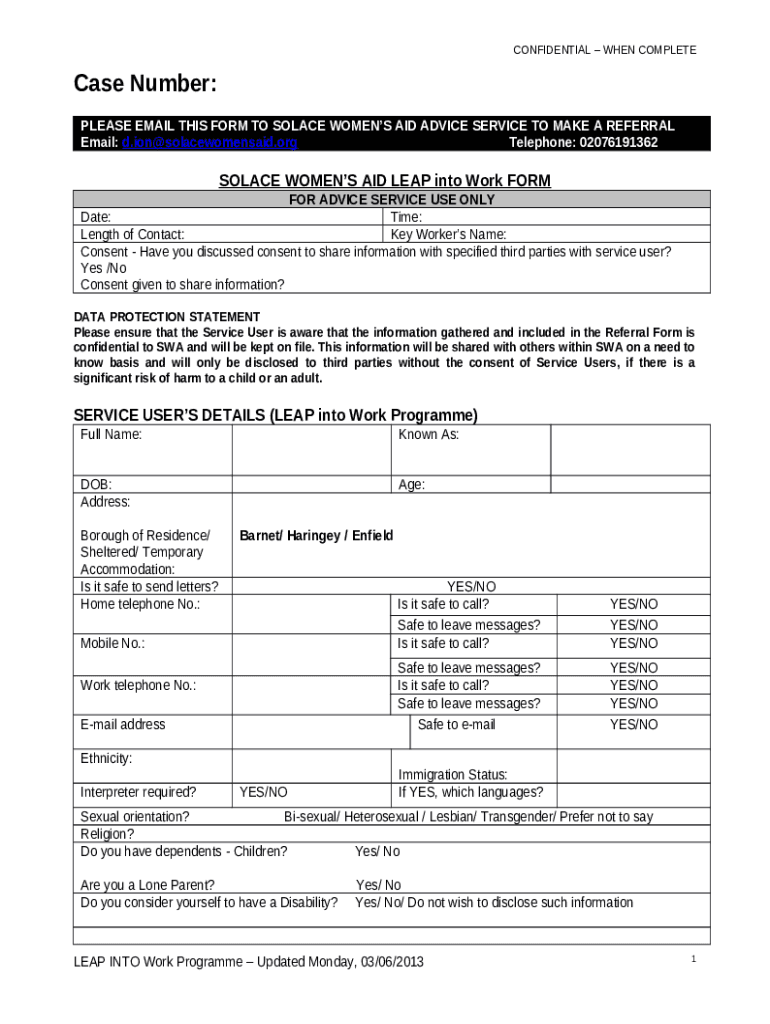 ConfidentialIslington Womens Aid Outreach Referral Sheet Doc Template ...