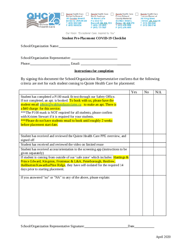 Student Pre-Placement COVID-19 Checklist Doc Template | pdfFiller
