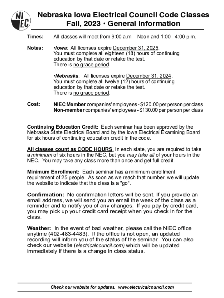 Fillable Online Nebraska Iowa Electrical Council Code Classes Fall ...
