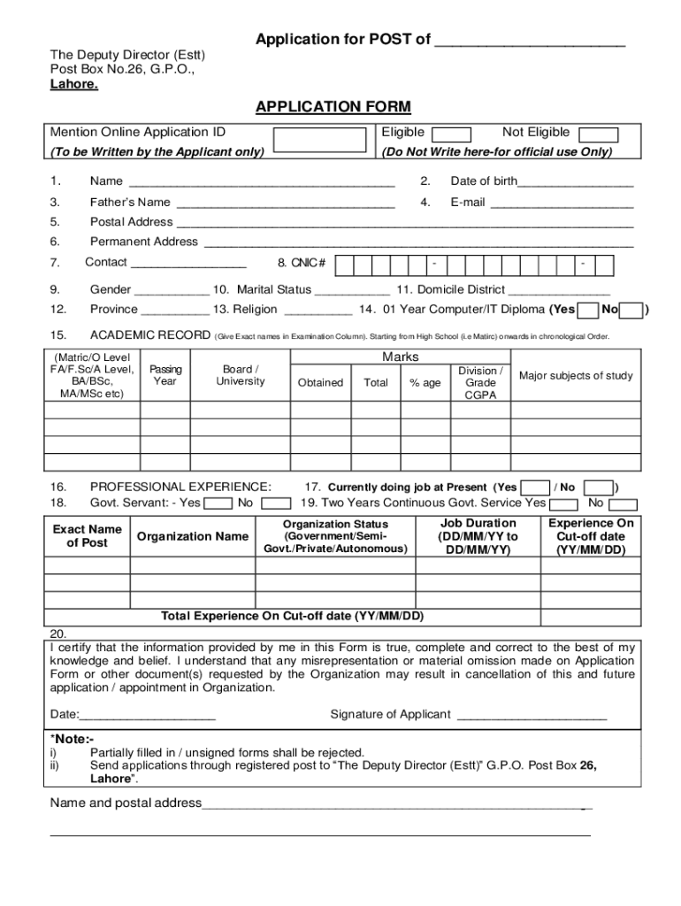 Fillable Online Federal Government Department ECP Punjab PO Box No. 26 ... Fax Email Print ...
