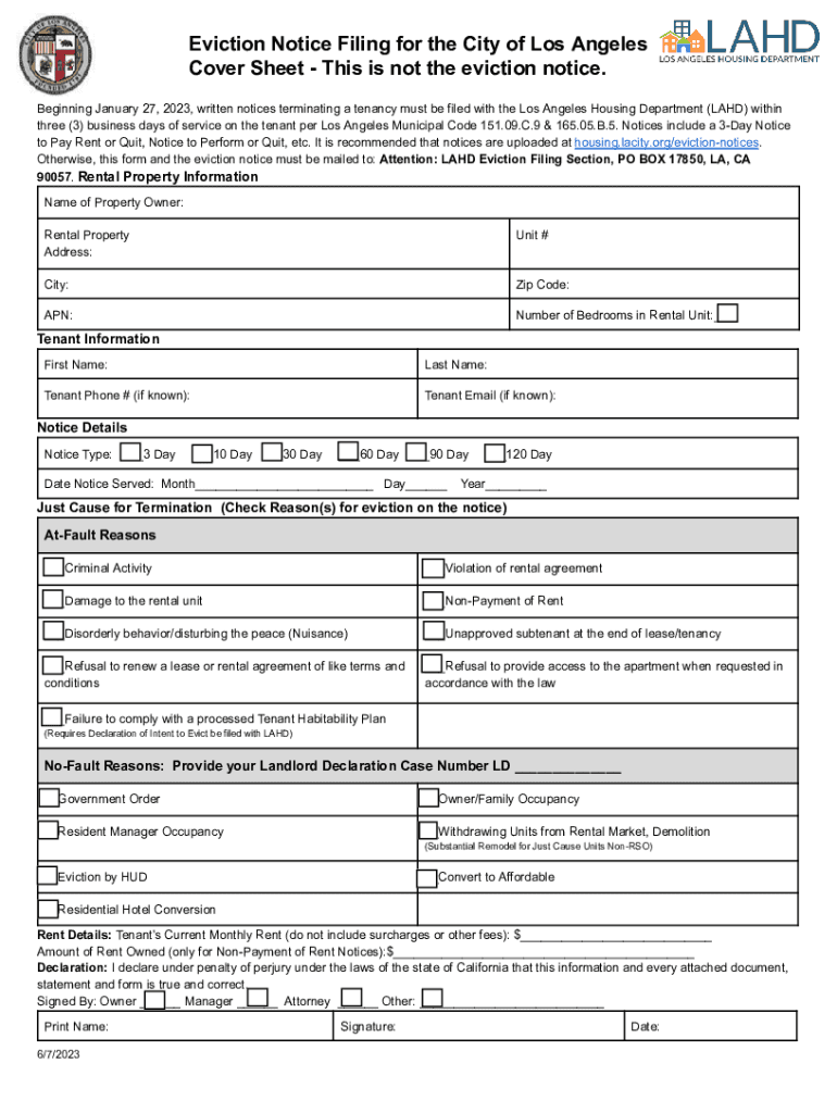 Fillable Online Eviction Notice Filing for the City of Los Angeles Fax ...