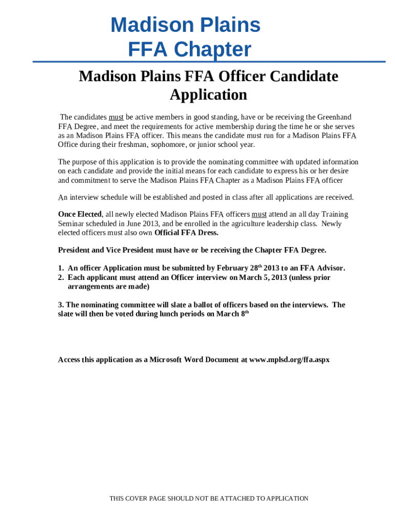 Madison Plains FFA OFFICER CANDIDATE APPLICATION Doc Template | pdfFiller