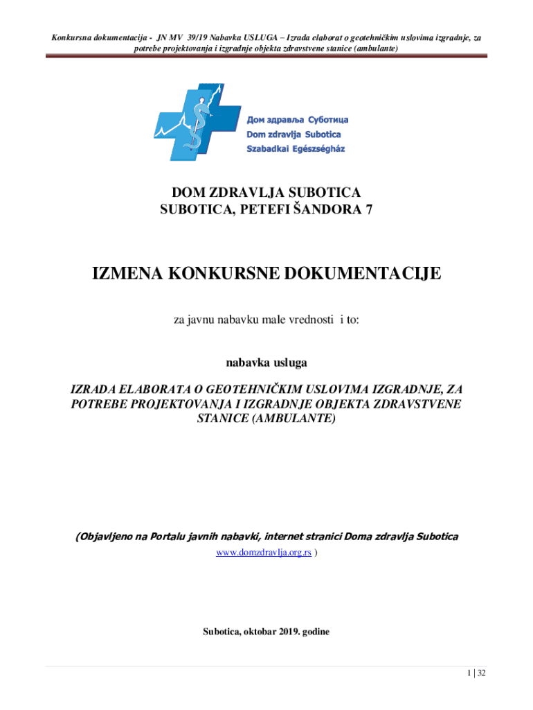 Fillable Online Konkursna dokumentacija - JN MV 39/19 Nabavka USLUGA Izrada elaborat o ...
