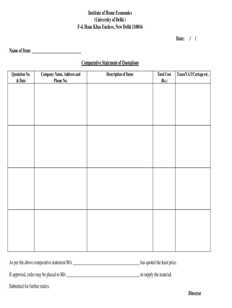 Fillable Online Comparative Statement of Quotations Fax Email Print ...