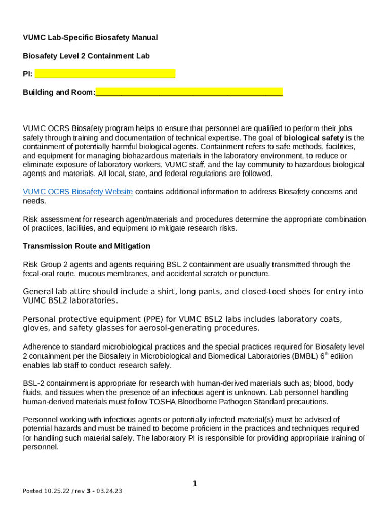 BSL-2 Lab-specific Biosafety Manual template Doc Template | pdfFiller