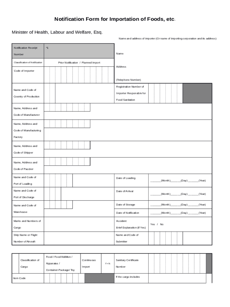 Notification For Importation of Foods, Etc Doc Template | pdfFiller