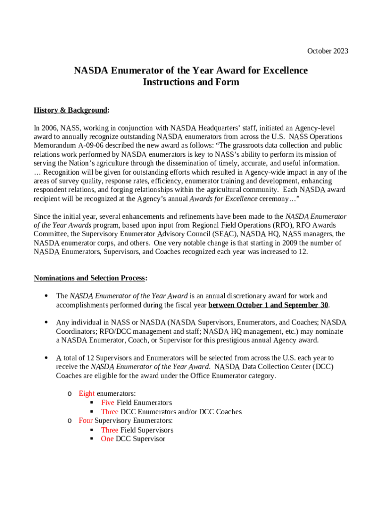 NASDA Enumerator of the Year Award -- Nominations Doc Template | pdfFiller