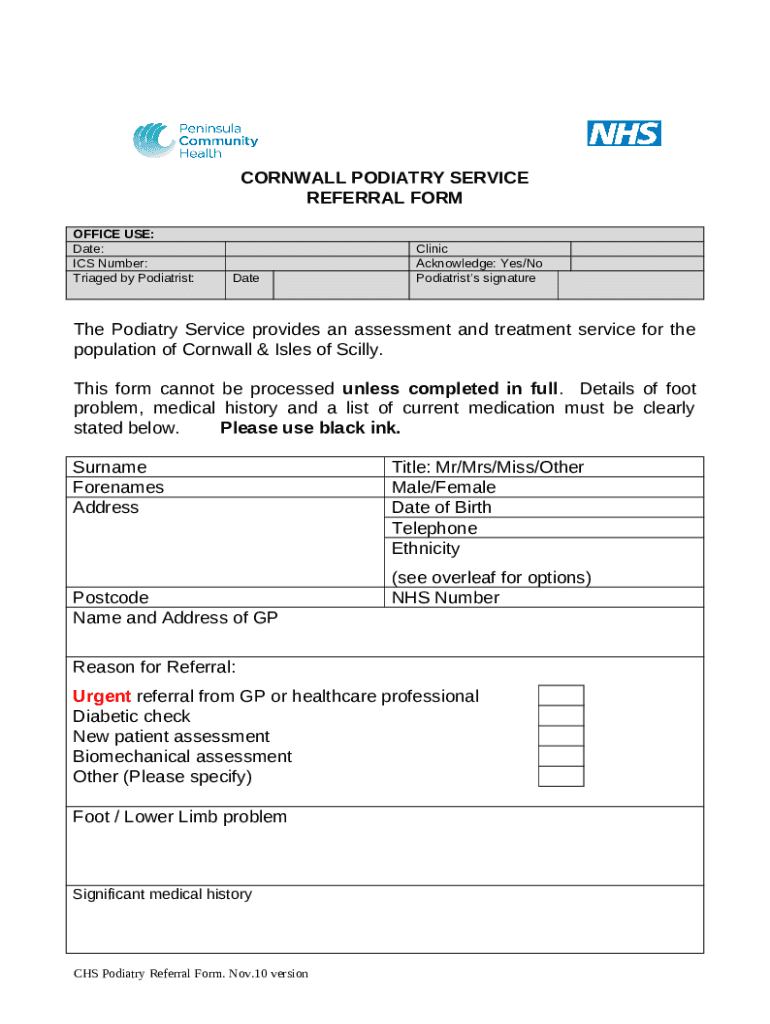 Online Cornwall Podiatry Service Referral ... Doc Template | pdfFiller