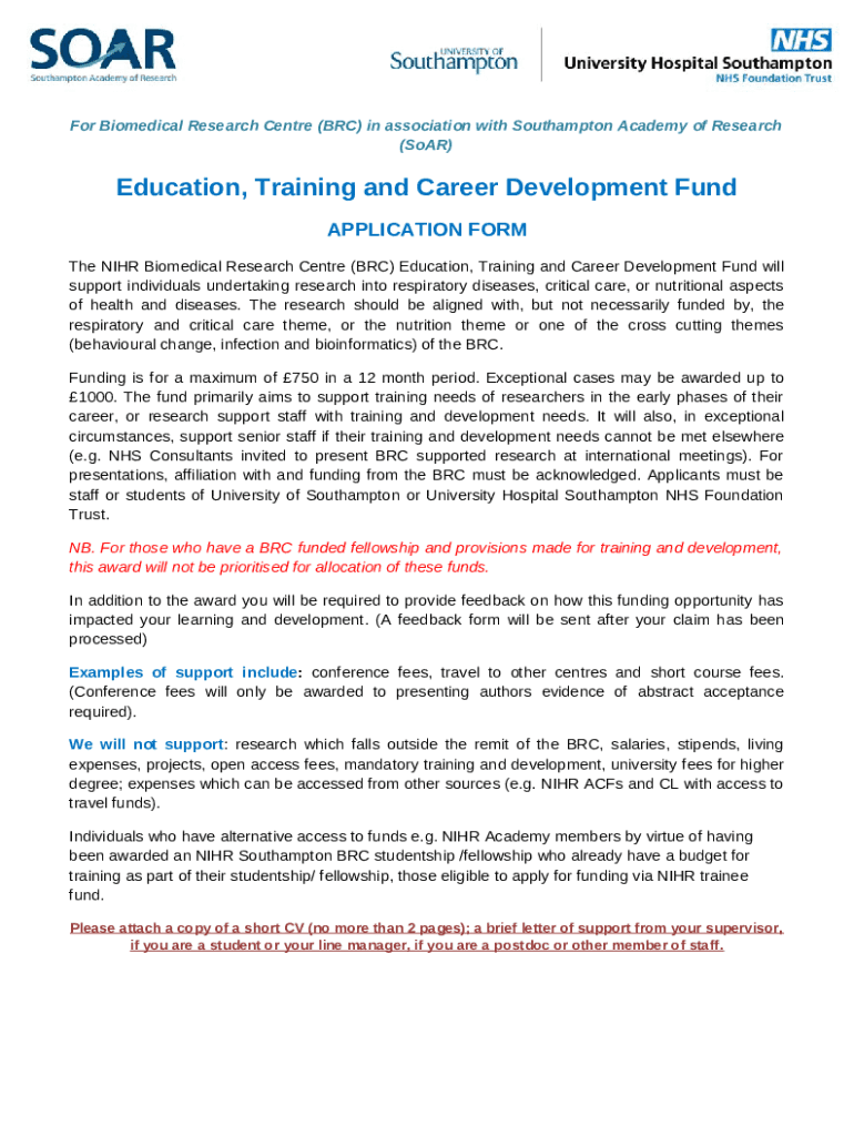 NIHR BRC Education and Training Fund Application Doc Template | pdfFiller