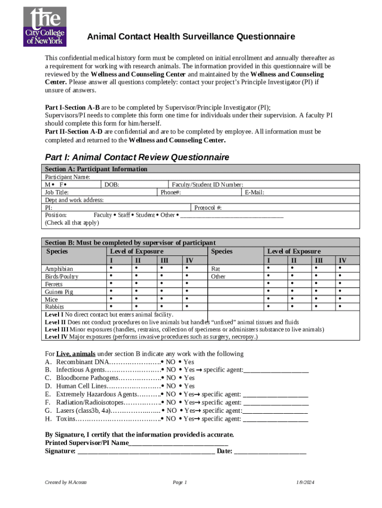 Animal Contact Baseline Occupational Health Questionnaire Doc Template ...