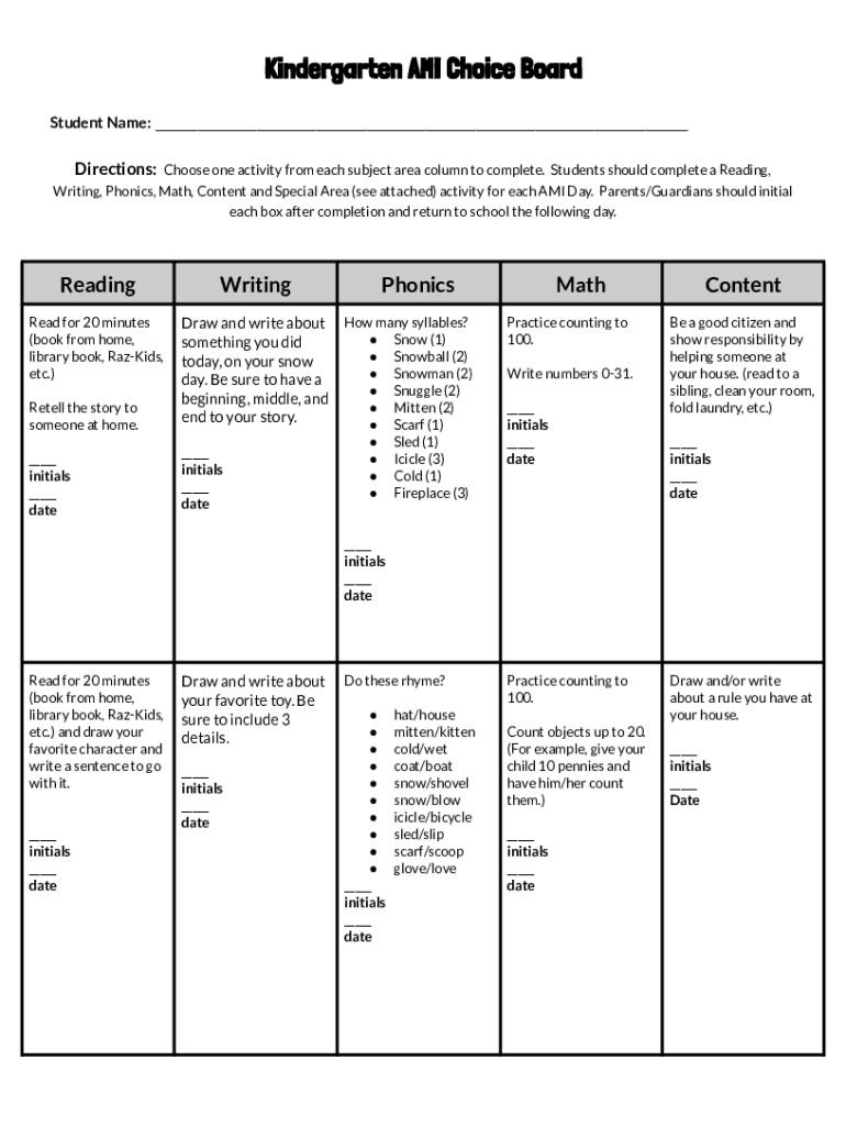 Fillable Online Choice Board Activities for Math, Reading, Writing ...