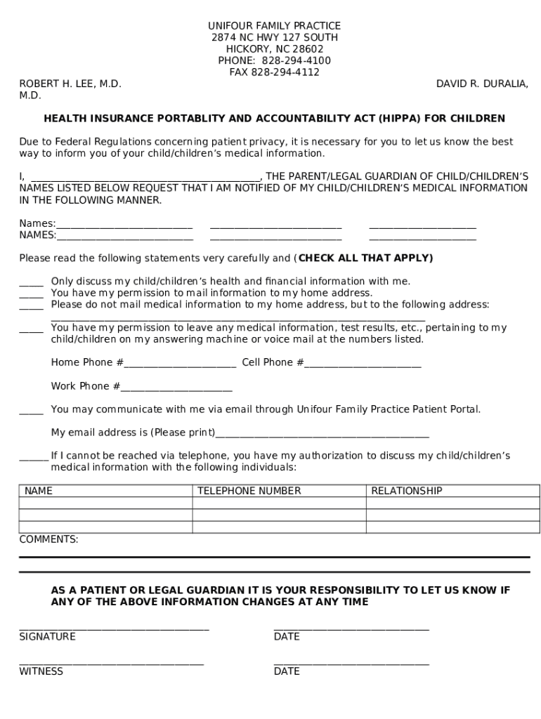 HIPAA Signature for Children Doc Template | pdfFiller