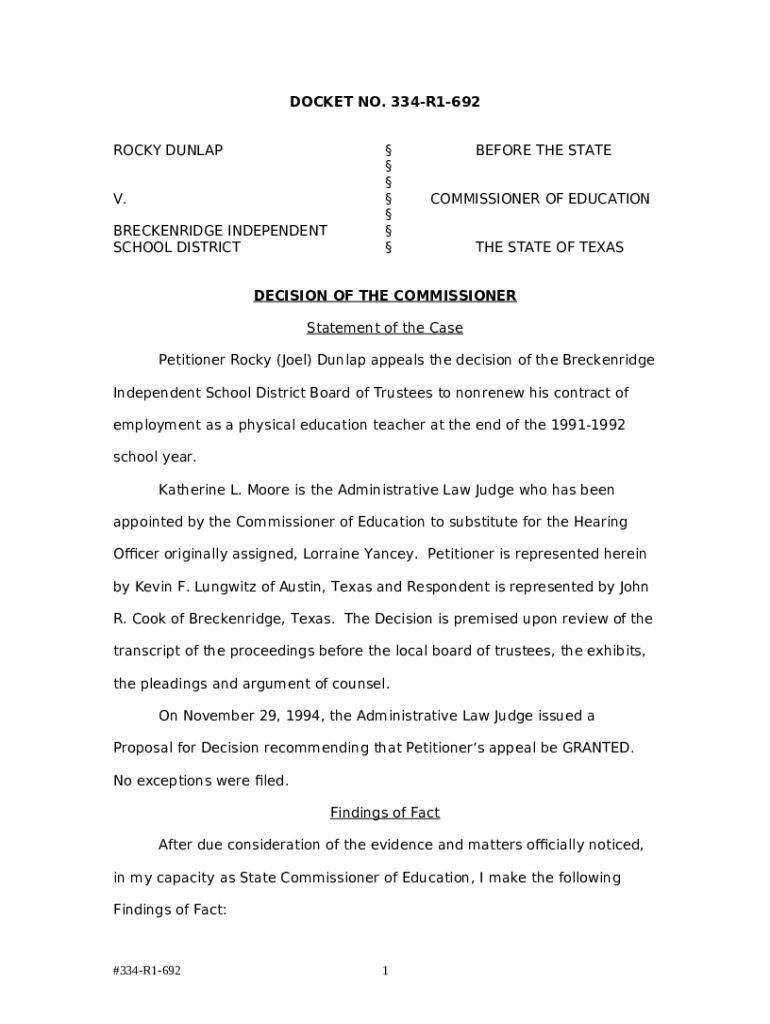 DOCKET NO. 334-R1-692. DUNLAP V. BRECKENRIDGE ISD Doc Template | pdfFiller