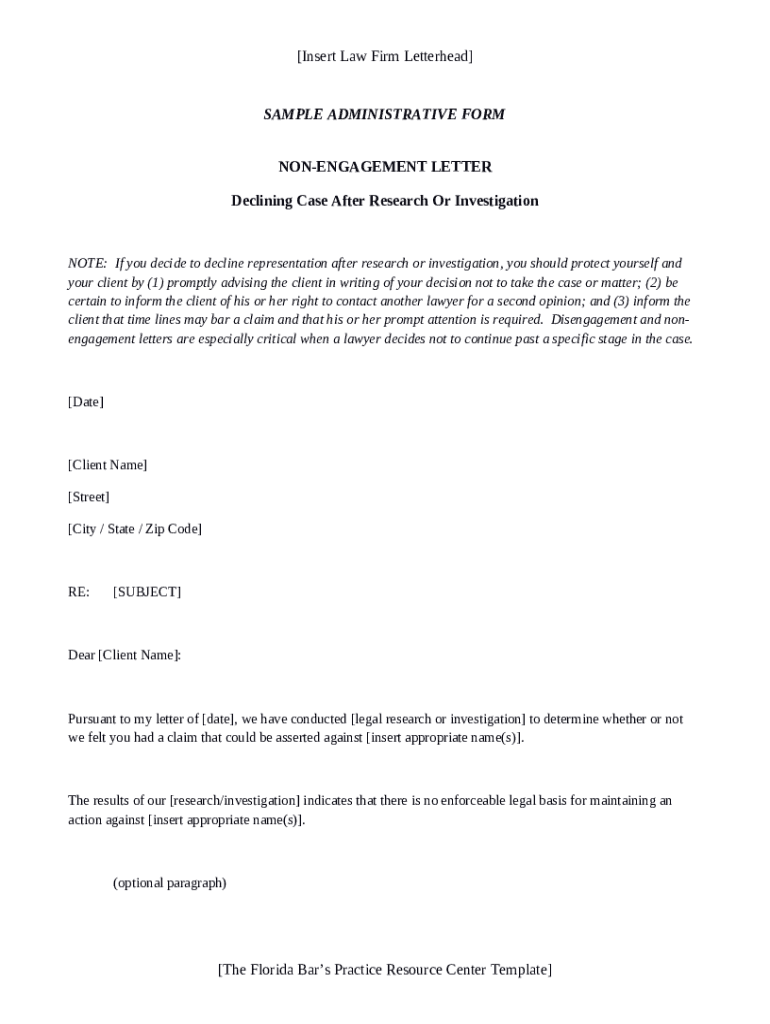 - SAMPLE NONENGAGEMENT LETTER - DECLINING ... Doc Template | pdfFiller