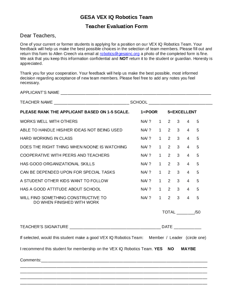 GESA VEX IQ Robotics Team Teacher Evaluation Doc Template | pdfFiller