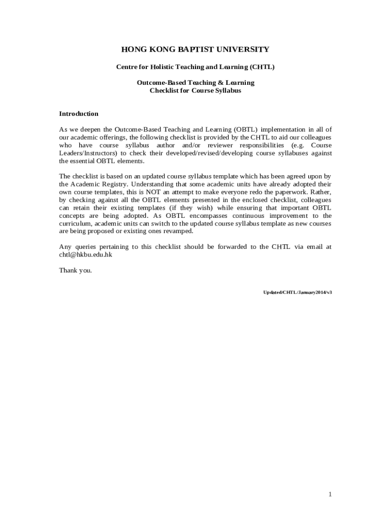 Outcome-Based Teaching & Learning Checklist for Course ... Doc Template | pdfFiller