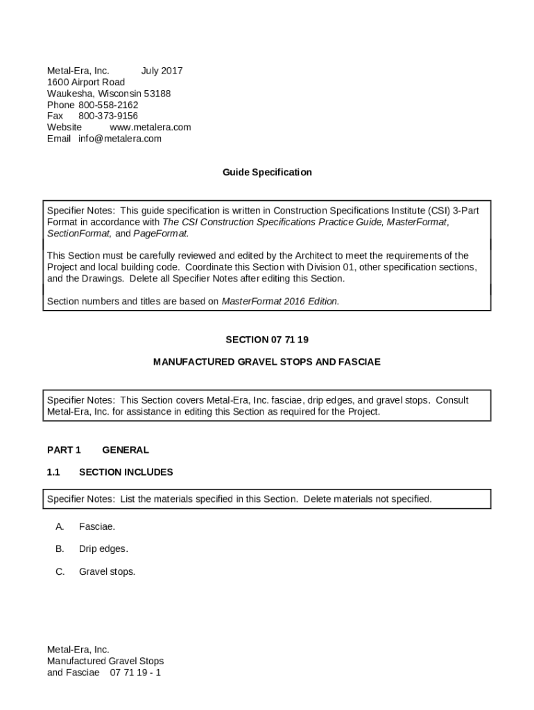 Manufactured Gravel Stops and Fasciae. Guide Specification Doc Template | pdfFiller