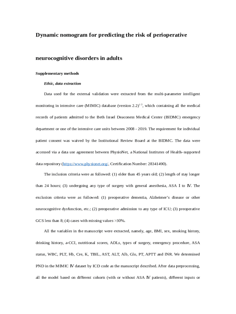 Dynamic Nomogram for Predicting the Risk of Perioperative ... Doc Template | pdfFiller