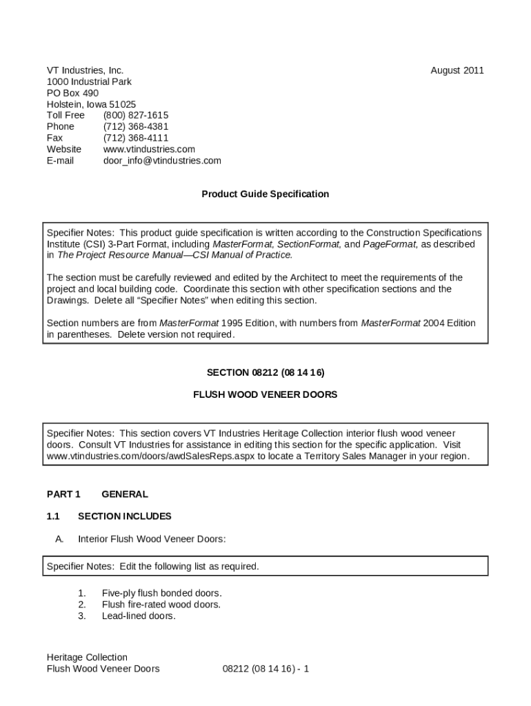 Heritage Collection Flush Wood Veneer Doors. Guide Specification Doc Template | pdfFiller