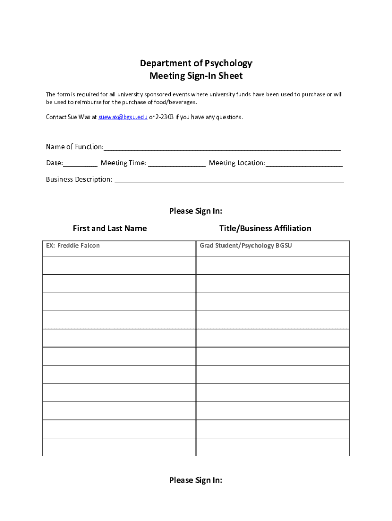 Fillable Online Department of Psychology Meeting Sign-In Sheet Fax ...