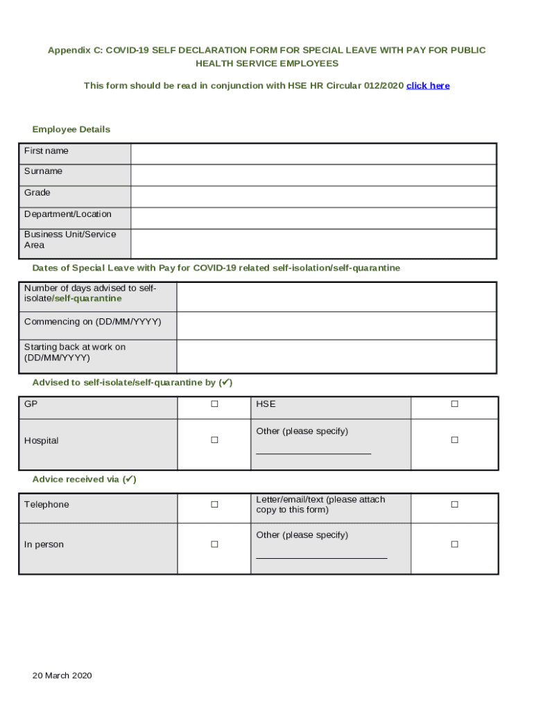 COVID-19 Special Leave with Pay Self-Declaration Doc Template | pdfFiller