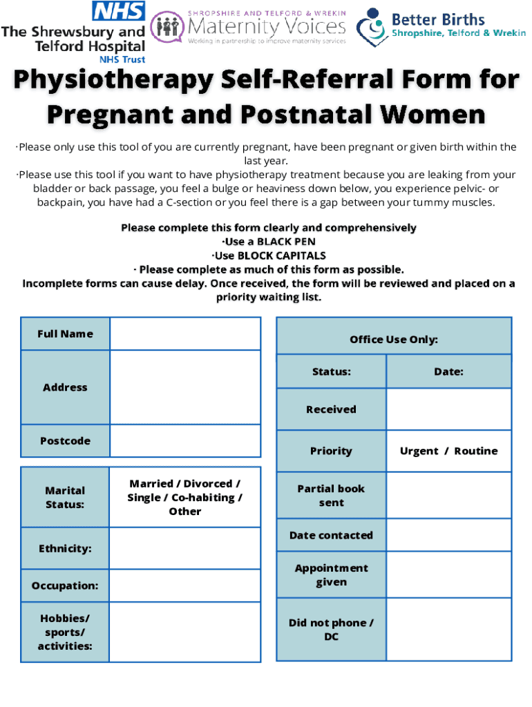 Fillable Online Physiotherapy Self-Referral Form for Pregnant and Postnatal Women Fax Email ...
