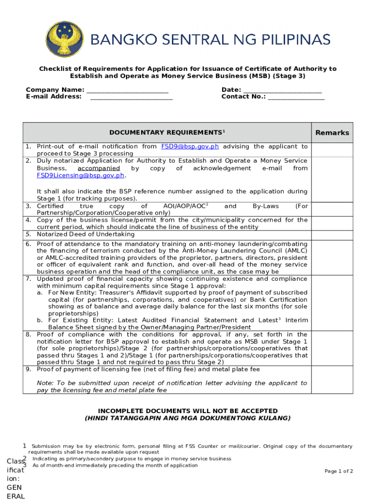 FSS Licensing No. 03-002 Checklist of Documentary ... Doc Template ...