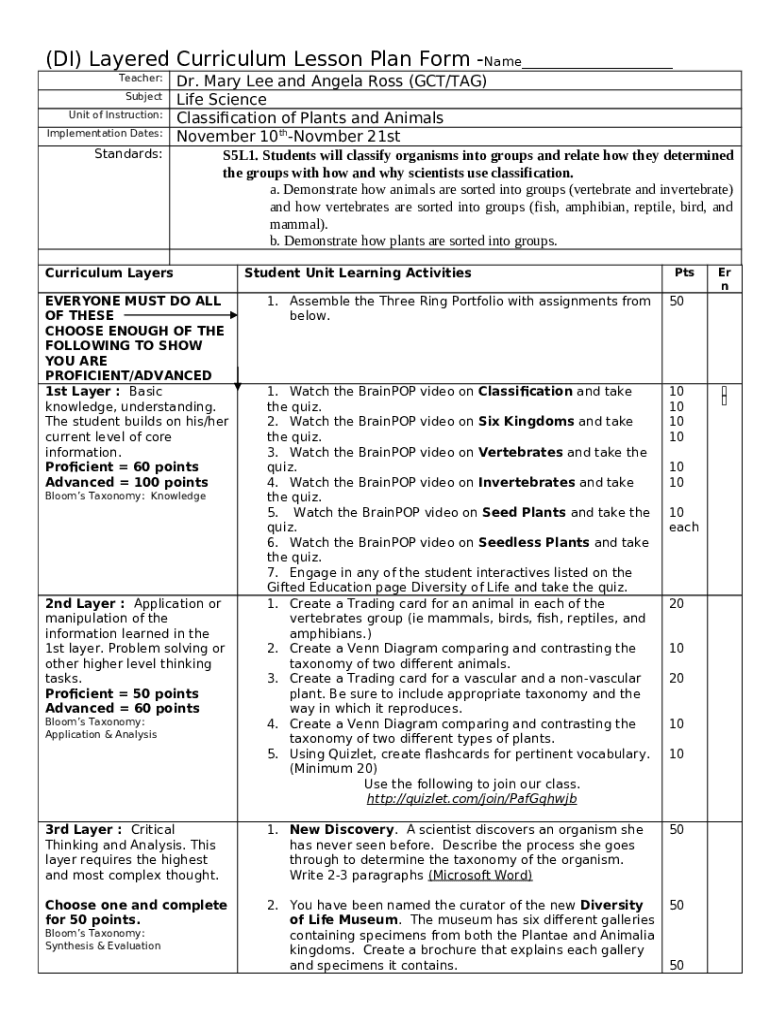 Layered Curriculum Lesson Plan Doc Template | pdfFiller