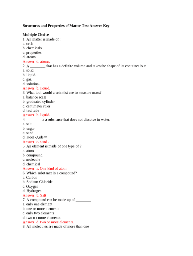 Structures and Properties of Matter Test Key Doc Template | pdfFiller