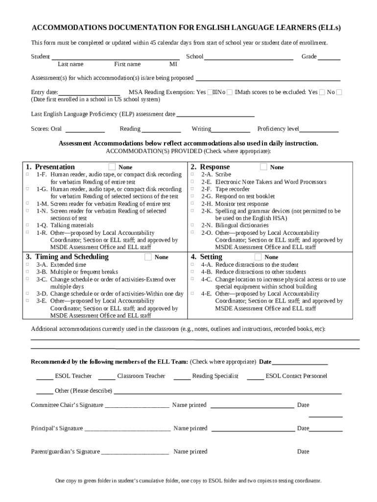 ACCOMMODATIONS DOCUMENTATION FOR ENGLISH LANGUAGE LEARNER (ELL ...