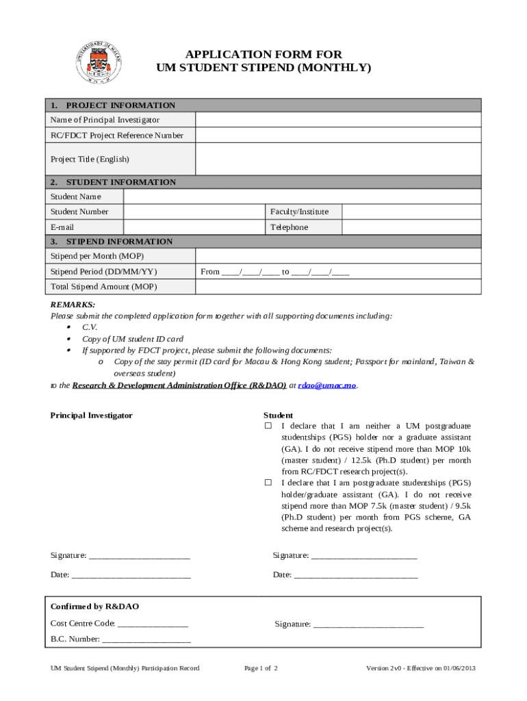 Application for UM student stipend (Monthly) - um2 umac Doc Template ...