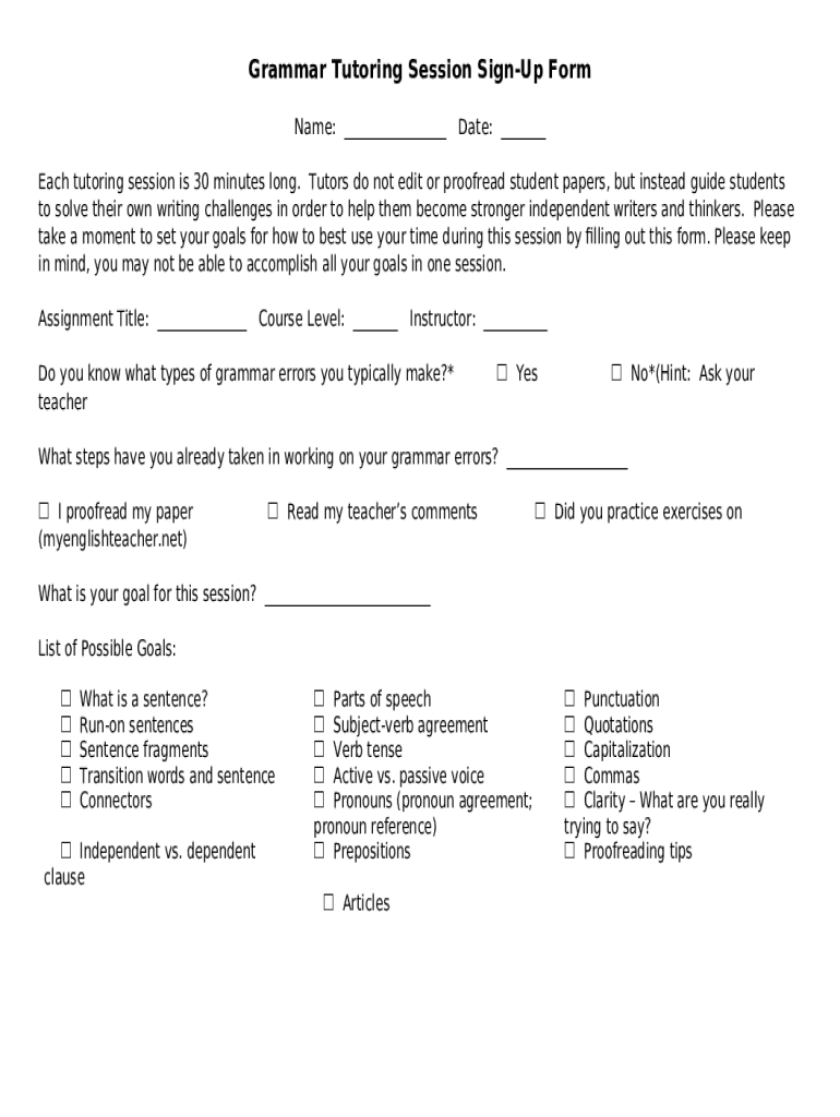 Grammar Tutoring Session Sign-Up Doc Template | pdfFiller