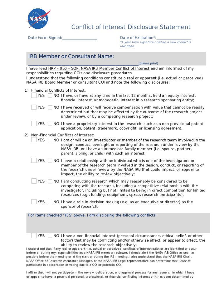 Disclosing a Conflict of Interest - Employee Guideline & ... - irb nasa Doc Template | pdfFiller