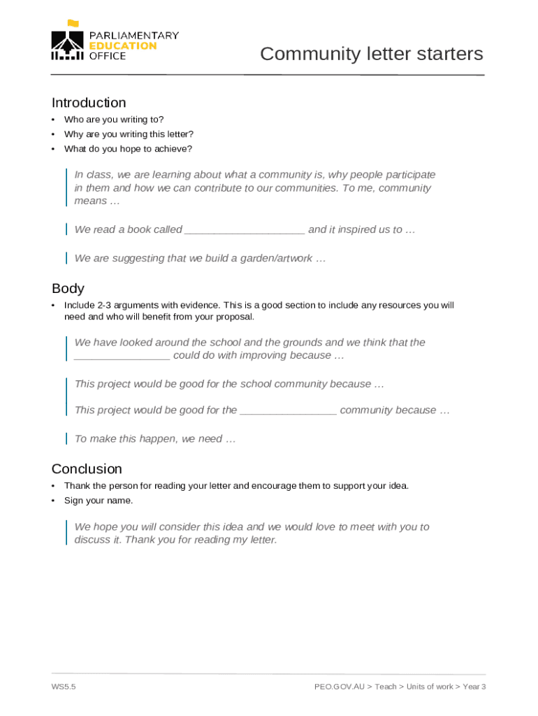 Worksheet 5.5 Community letter starters. Year 3 Units of work - peo gov ...