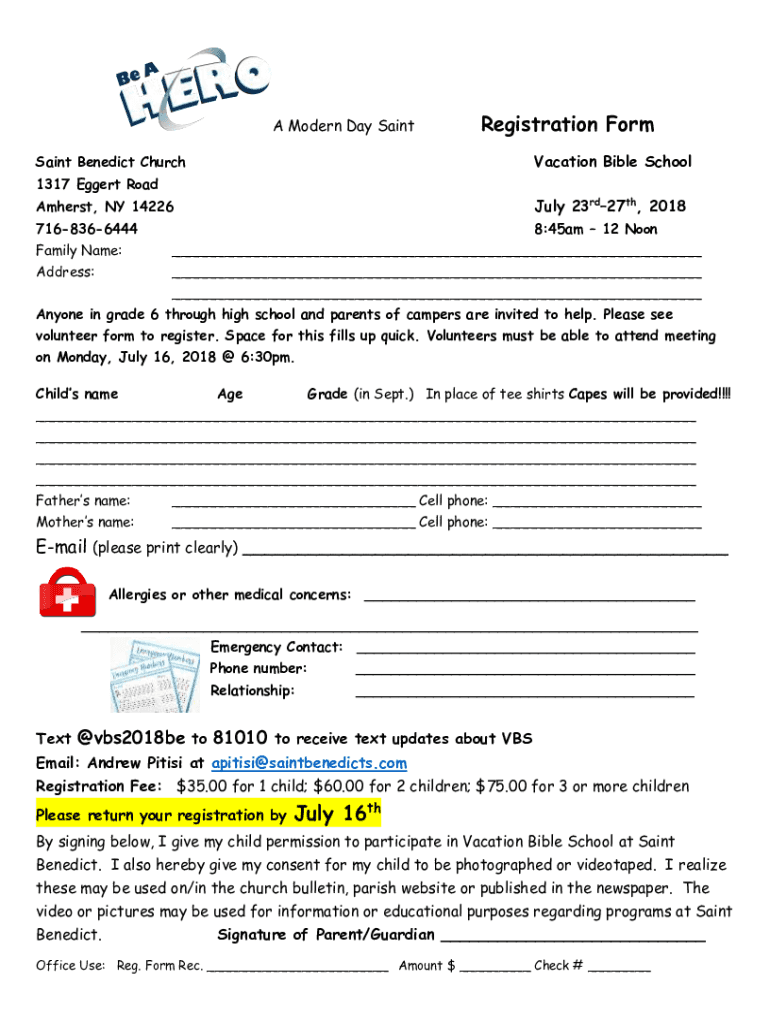 Fillable Online Vacation Bible School Registration Form - Saint ...