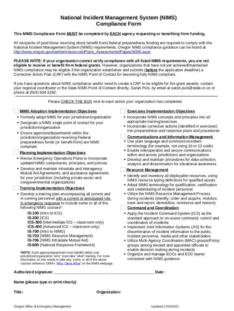 FY2022 NIMS Compliance Doc Template | pdfFiller