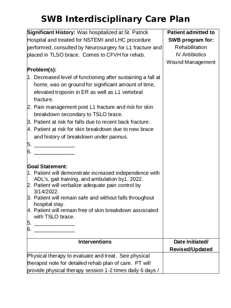 SWB Interdisciplinary Care Plan Significant History Doc Template ...