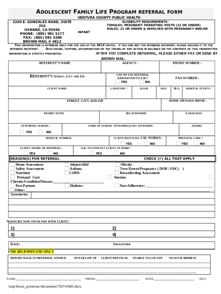 Adolescent Family Life Program referral Doc Template | pdfFiller