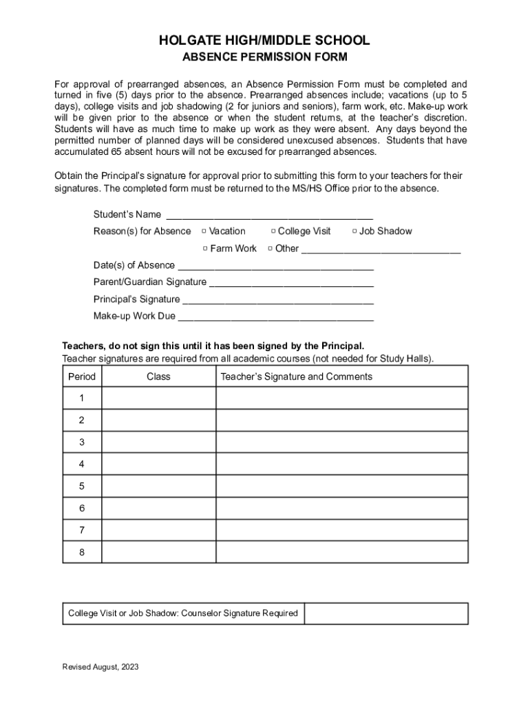 Fillable Online holgate high/middle school - absence permission form ...