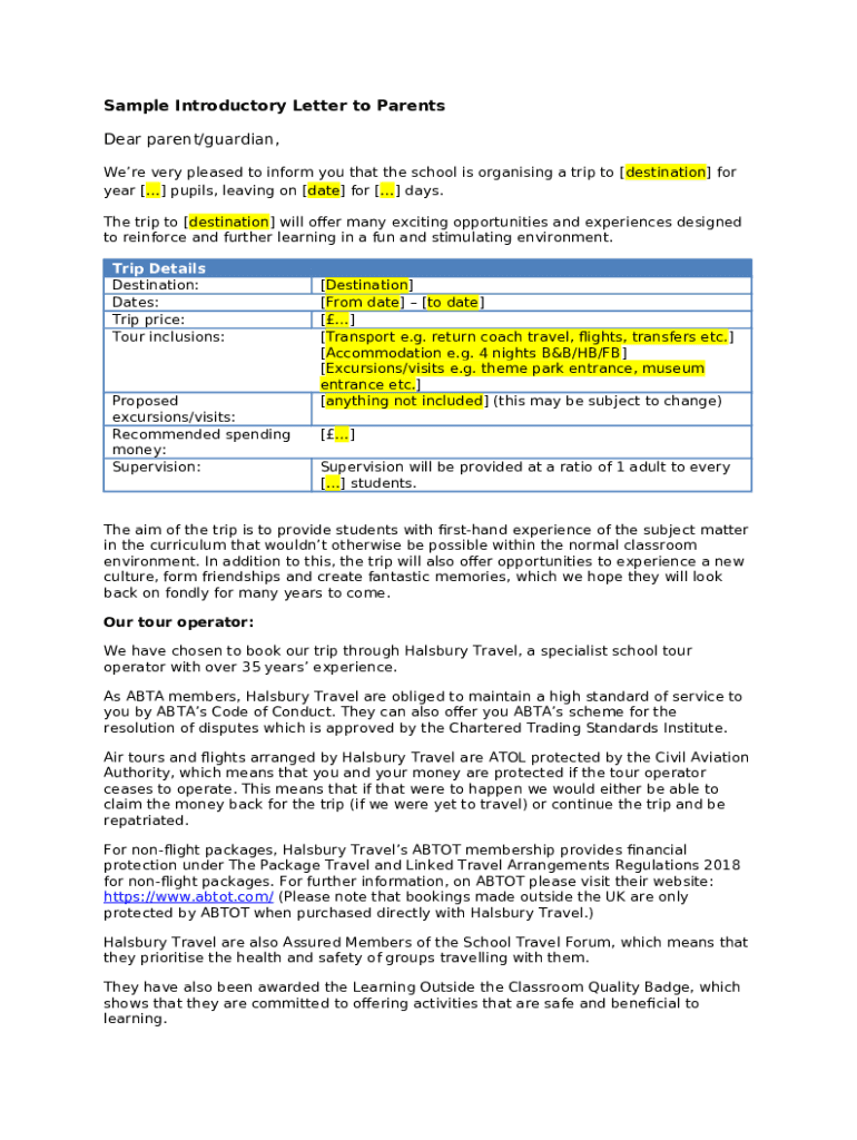 tips for long term sub intro to parents letter Doc Template | pdfFiller