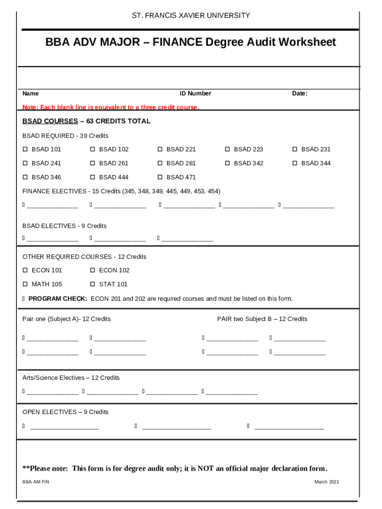 BBA ADV MAJORFINANCE Degree Audit Worksheet Doc Template | pdfFiller