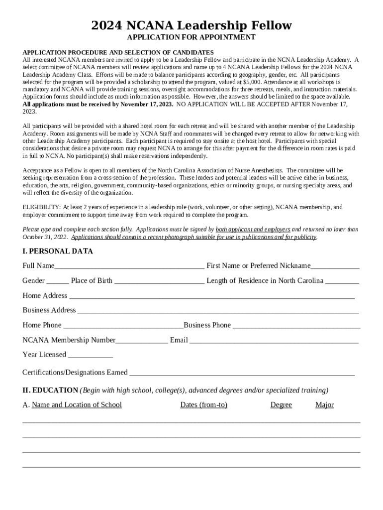 NCANA Leadership Fellows Doc Template | pdfFiller