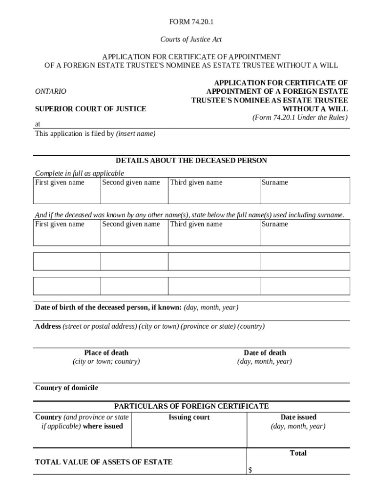 74.20.1 Application for Certificate of Appointment of a ...