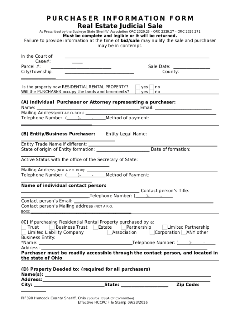 PURCHASER INATION Real Estate Judicial Sale Doc Template | pdfFiller