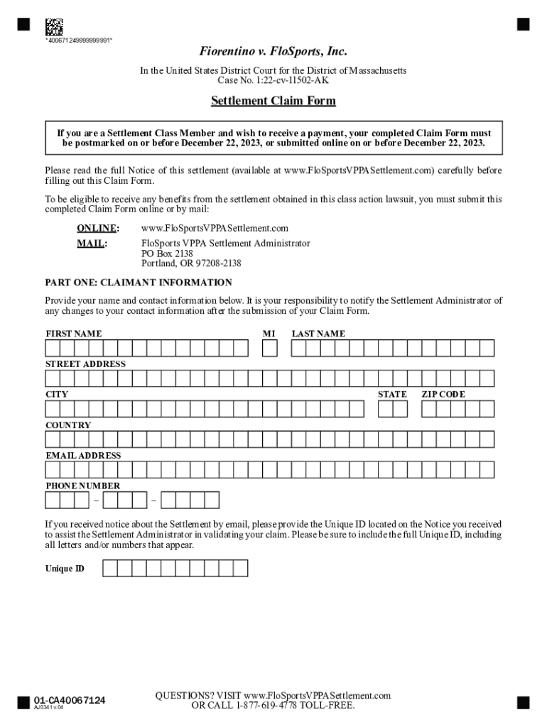 Fillable Online Fiorentino v. FloSports, Inc. Settlement Claim Form Fax Email Print - pdfFiller