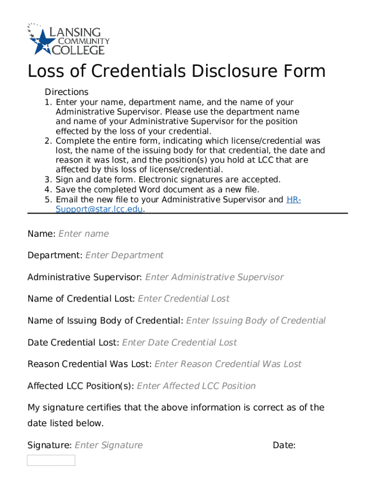 Loss of Credentials Disclosure Doc Template | pdfFiller