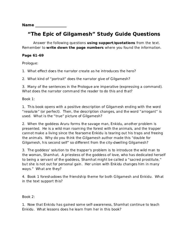 Reading Guide: The Epic of Gilgamesh Doc Template | pdfFiller