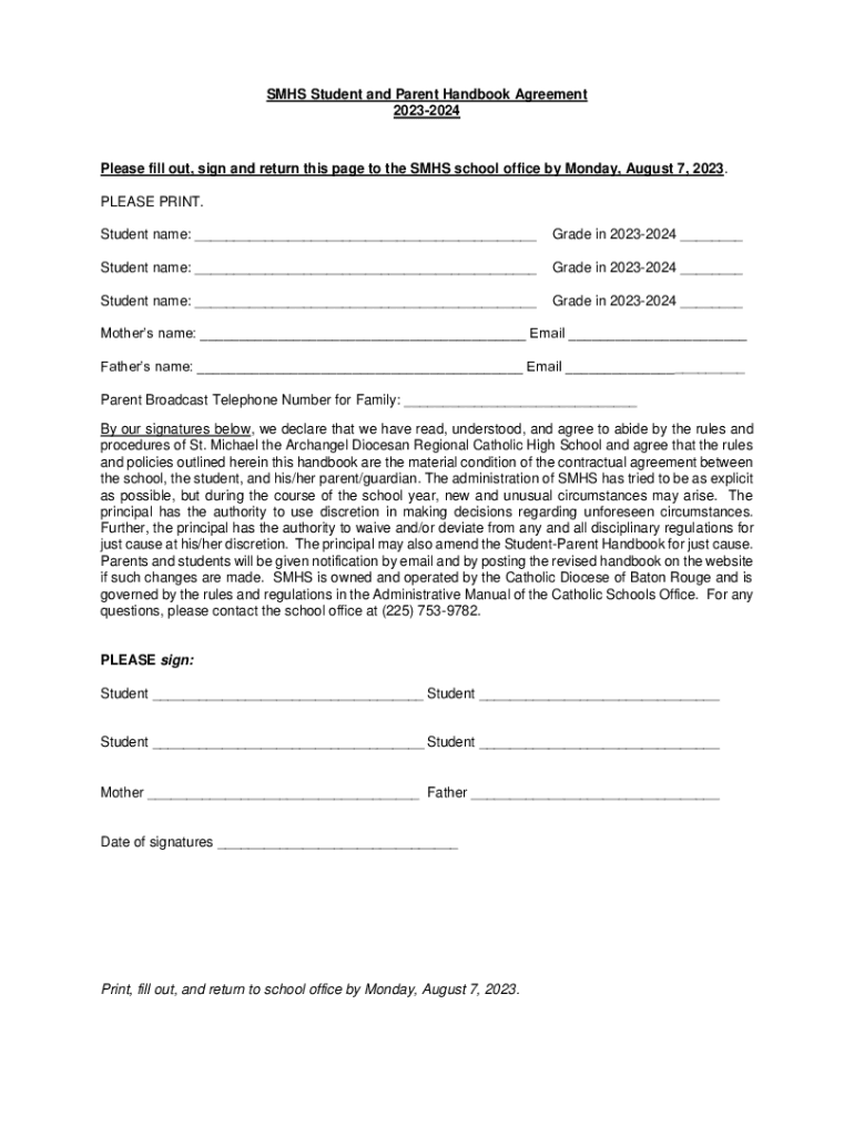 Fillable Online SMHS Student and Parent Handbook Agreement 2023-2024 ...
